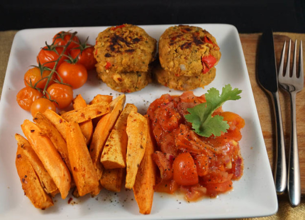 Chilli Falafel with Paprika Sweet Potato Wedges and a Cherry Tomato ...